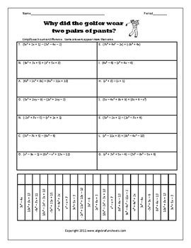 Polynomial Operations Adding And Subtracting Polynomials Riddle Worksheet