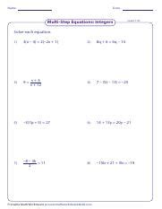Integers 1 Pdf Name Score Multi Step Equations Integers Level 1 S1 Solve Each Equation