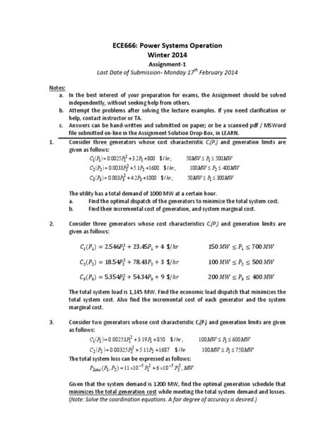 Assignment 1 Eld And Hydro Thermal Coord Due 17 2 Pdf Pdf Hydroelectricity Watt