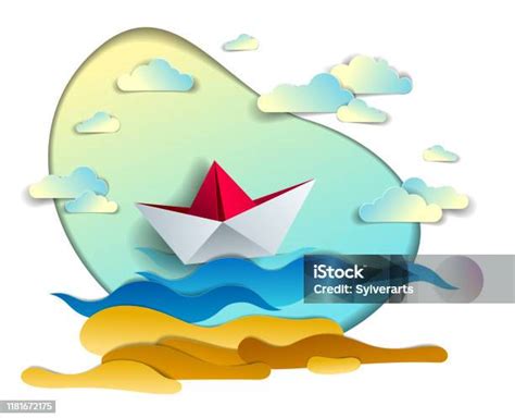 바다 파도에서 수영 종이 접기 종이 배 장난감 바다에 떠있는 장난감 보트와 하늘에 구름과 아름다운 바다 풍경의 아름다운 벡터