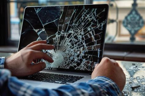 Man Repairs Broken Laptop With Insurance In Office Setting Premium Ai Generated Image