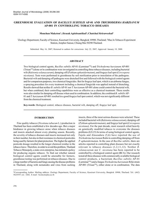 Pdf Greenhouse Evaluation Of Bacillus Subtilis Ap 01 And Trichoderma