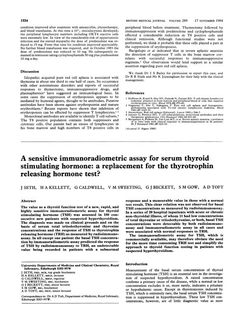 Pdf A Sensitive Immunoradiometric Assay For Serum Thyroid Stimulating