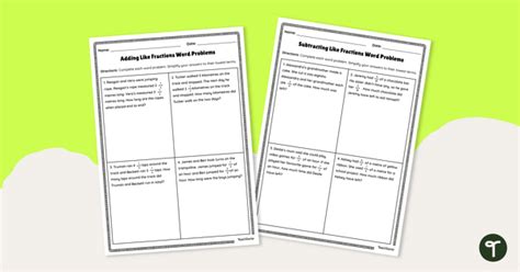 Adding And Subtracting Like Fractions Word Problems Worksheets Teach Starter
