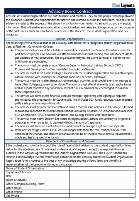 Advisory Board Contract Template Blue Layouts