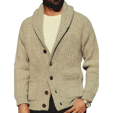 Mens Western Shawl Collar Button Up Ribbed Knitted Cardigan With Pockets