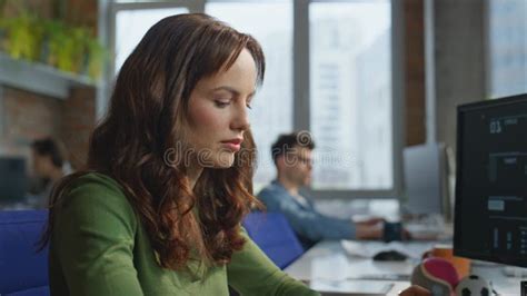 Attractive Lady Working Computer Corporate Office Closeup Woman Typing Keyboard Stock Footage