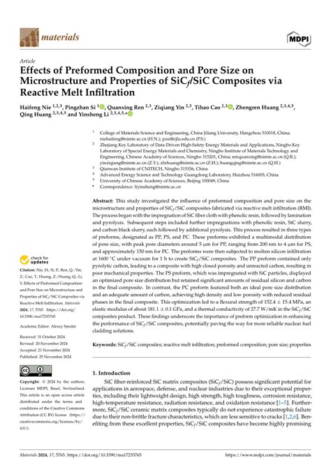 Pdf Effects Of Preformed Composition And Pore Size On Microstructure And Properties Of Sicf