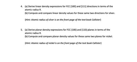 Solved A Derive Linear Density Expressions For FCC Chegg
