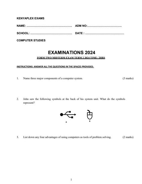 Form 2 Computer Studies Mid Term 2 Examination 2024