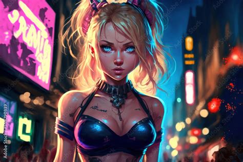 A Sexy Anime Girl Standing In A Bright Tokyo Style Cyberpunk Neon City