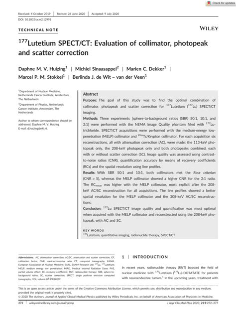 J Applied Clin Med Phys 2020 Huizing 177lutetium Spect Ct Evaluation Of Collimator