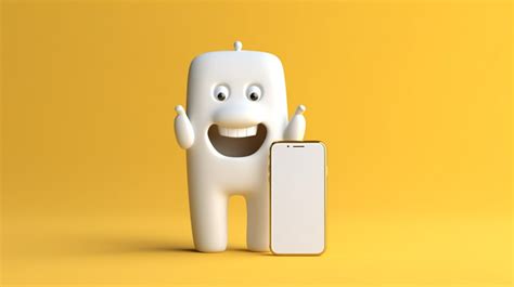 디자인에 이상적인 흰색 이빨 캐릭터 마스코트와 빈 화면 휴대폰을 사용하여 3d 렌더링 노란색 배경 치아 만화 치아 3d