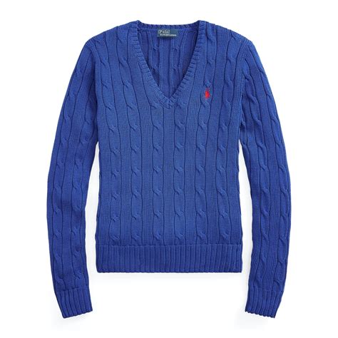 Buy Polo Ralph Lauren Women Royal Blue Cable Knit Cotton V Neck Sweater
