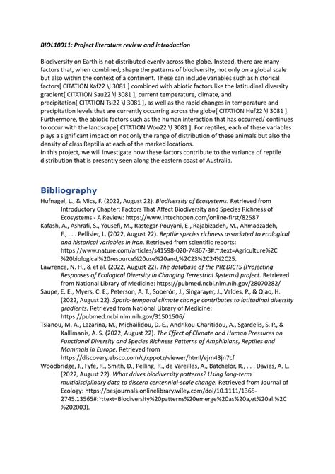 BIOL10011 Summary Of Life S Complexity BIOL10011 Project Literature Review And Introduction