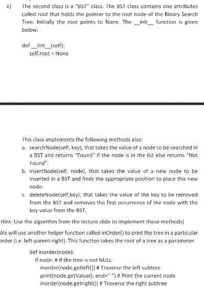 Solved Ii The Second Class Is A Bst Class The Bst Class