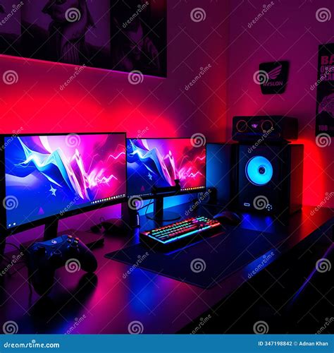 A High Tech Gaming Desk With Dual Monitors Mechanical Keyboard And Wireless Mouse In A Dark Room