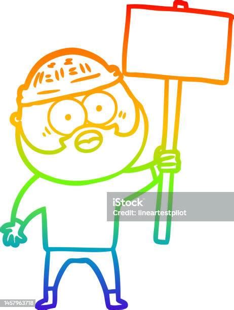 푯말이 있는 만화 수염 난 남자의 무지개 그라데이션 선 그림 개성 개념에 대한 스톡 벡터 아트 및 기타 이미지 개성 개념 광고 귀여운 Istock