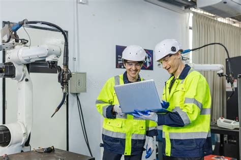 Two Man Technician Engineer Using Laptop Control Automation Robotics At