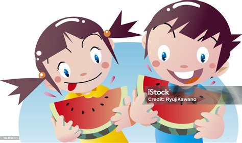 여름에 박을 먹는 아이 들 수박에 대한 스톡 벡터 아트 및 기타 이미지 수박 아이 일러스트레이션 Istock