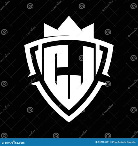 Cj Letter Monogram With Triangle Curve Shield Shape With Crown White
