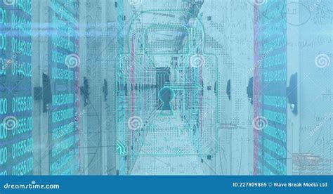 Image Of Online Security Padlock And Data Processing Over Tech Room With Computer Server Stock
