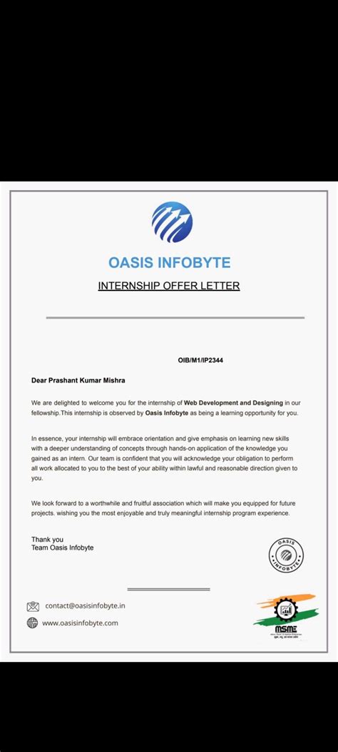 Work Opportunity Intern Webdevelopment Oasisinfobyte Prashant Kumar Mishra