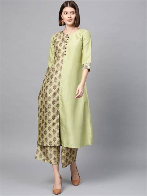 Womens Pista Green Digital Flared Polysilk Kurta Palazzo Set Ziyaa