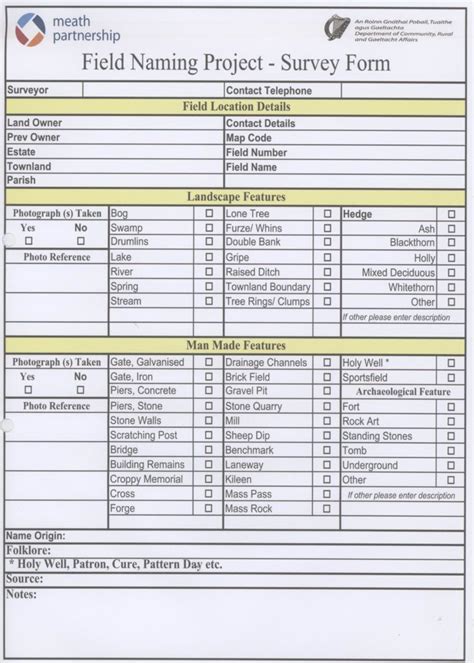 The Field Survey Form Meath Field Names Project