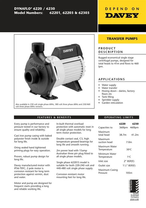 Technical Specifications Davey Pumps