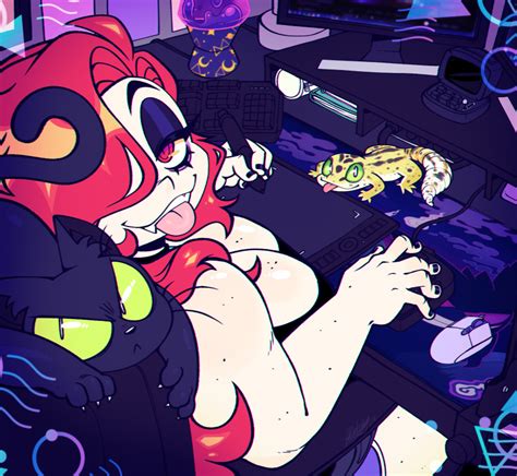 Rule 34 2d Big Breasts Black Eyeshadow Black Nails Cleavage Feline Gecko Red Hair Sticking Out