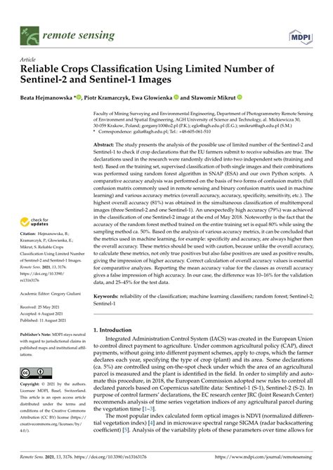 Pdf Reliable Crops Classification Using Limited Number Of Sentinel 2 And Sentinel 1 Images