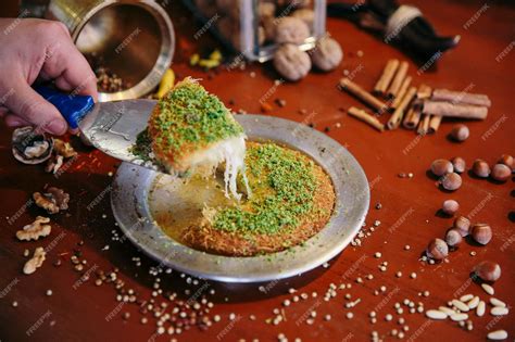 Turkish Dessert Kunefe Kunafa Kadayif With Pistachio Powder And