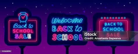 학교 네온 간판 컬렉션으로 돌아 가기 타이포그래피 레이블 세트 알람 시계 및 프레임 벡터 스톡 일러스트레이션 0명에 대한 스톡 벡터 아트 및 기타 이미지 Istock