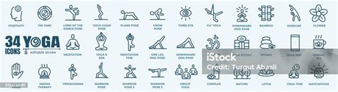 요가 아이콘과 요가 포즈 세트 스파 센터 또는 요가 스튜디오를 위한 윤곽선 스타일의 그래픽 디자인 요소 라인 로고 및 기호 집합입니다 벡터 일러스트 레이 션입니다 0명에