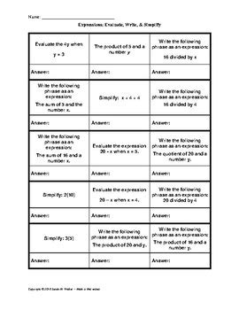 Evaluate Write Simplify Simple Numeric Algebraic Expressions Cards Worksheet