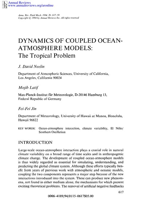 Pdf Dynamics Of Coupled Ocean Atmosphere Models The Tropical Problem