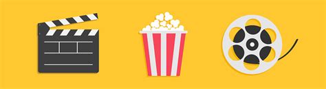 클 래퍼 보드를 엽니다 영화 릴 팝콘 상자입니다 시네마 아이콘 설정 라인 평면 디자인 스타일입니다 노란색 배경입니다 격리 3차원 형태에 대한 스톡 벡터 아트 및 기타 이미지