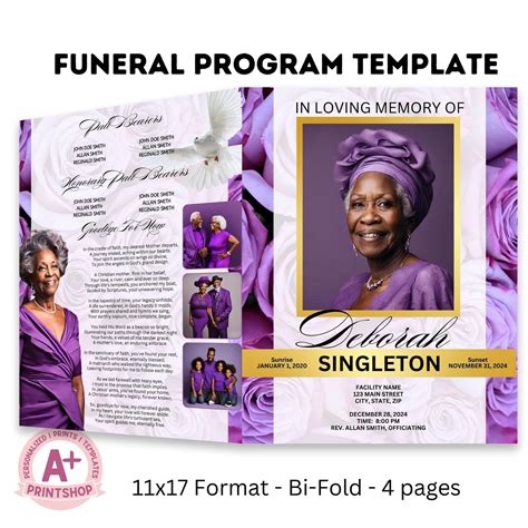 Funeral Program Template Purple Obituary Instant Download Printable And Editable Customizable Etsy