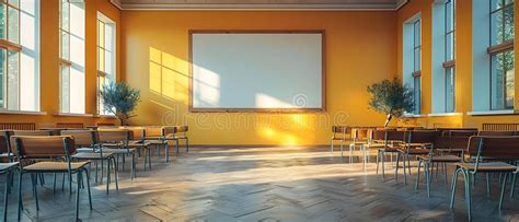 Sunlit Classroom With Empty Smartboard Ready For Learning Concept