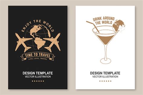 여행 배지 세트 여행 영감 따옴표와 지구 비행기와 여행 칵테일 실루엣 벡터 그림입니다 여행 전단지 브로셔 배너 포스터 타이포