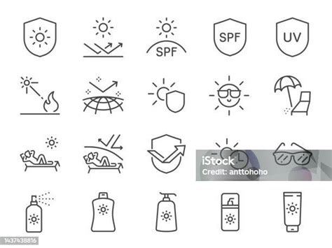 자외선 차단제 아이콘 세트입니다 아이콘에는 자외선 차단 일광욕 선글라스 Uv Spf 등이 포함되었습니다 아이콘에 대한 스톡 벡터