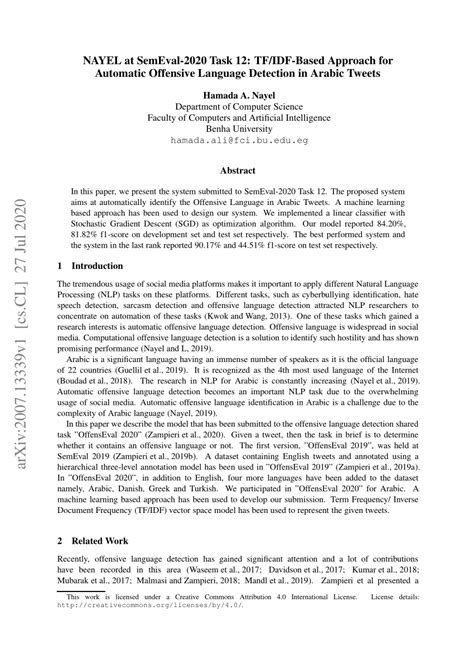 Pdf Nayel At Semeval 2020 Task 12 Tfidf Based Approach For Automatic Offensive Language