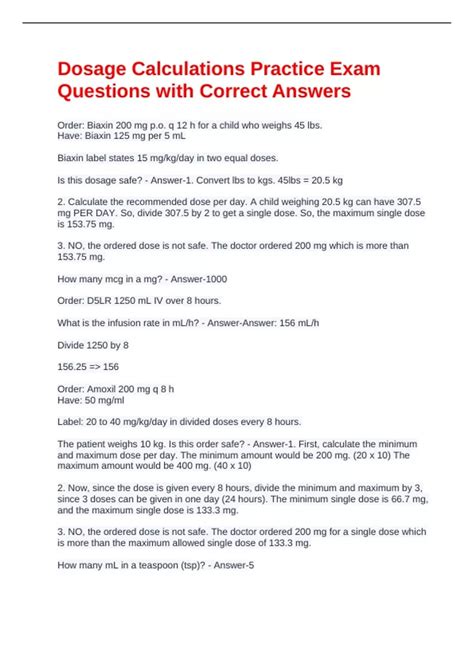 Dosage Calculations Practice Exam Questions With Correct Answers Ati Dosage Calculation