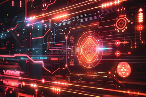 Futuristic Technology Interface With Glowing Red Circuitry And Central Data Display Stock