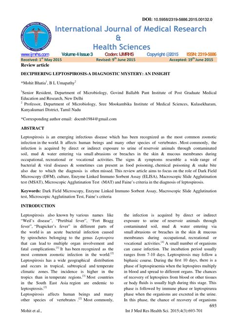 Pdf Deciphering Leptospirosis A Diagnostic Mystery An Insight