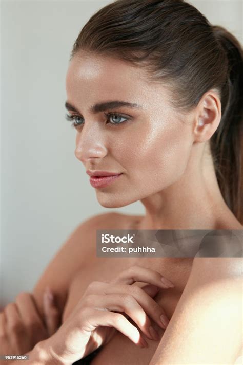 Beautiful Happy Woman With Fresh Makeup On Beauty Face Skincare Stock