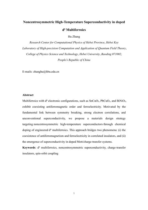 Pdf Noncentrosymmetric High Temperature Superconductivity In Doped D⁹ Multiferroics
