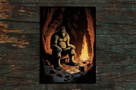 Bigfoot Comic Poster Sasquatch Hiding In Cave With Bonfire Etsy