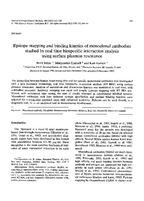 Pdf Epitope Mapping And Binding Kinetics Of Monoclonal Antibodies